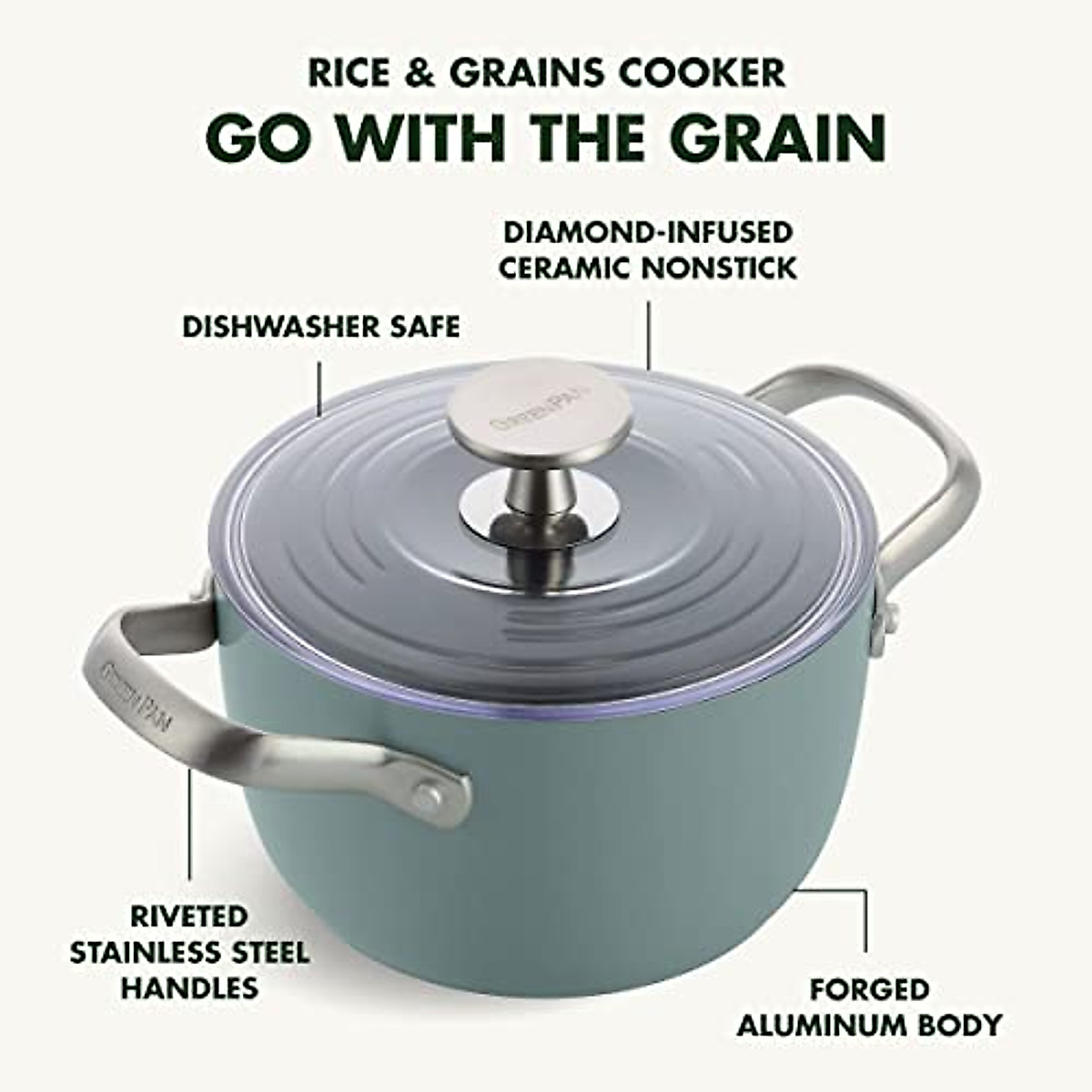 GreenPan Healthy Ceramic Nonstick, 2QT Rice Grains and Soup Maker, Caldero Pot with Lid, PFAS-Free, Induction, Dishwasher Safe, Oven Safe, Smokey Blue
