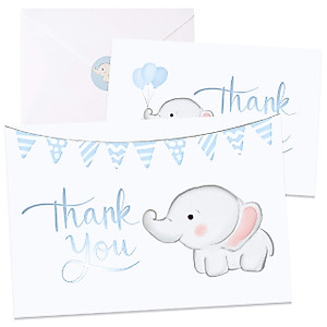 Baby Shower Thank You Cards. 50 Elephant Blue Thank You Cards Baby Shower with Envelopes for Baby Thank You Notes - Blank Inside Baby Shower Card Pack with Sealing Stickers