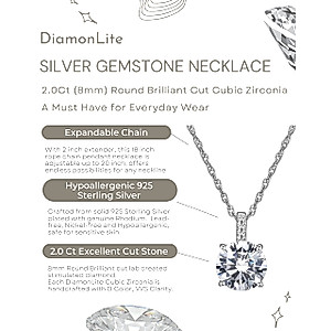 DIAMONLITE 2 Ct Round CZ 925 Sterling Silver Necklace for Women - 18" + 2" Cubic Zirconia Necklace, Round Cubic Zirconia Pendant Necklace, Sterling Silver CZ Necklace, Womens Cubic Zirconia Necklace