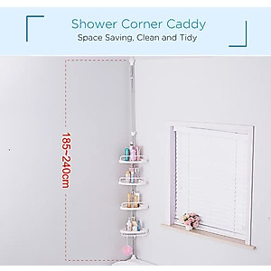 BAOYOUNI 4 Tier Shower Pole Caddy Tension Rod Adjustable Corner Storage Rack Organizer Stand Vertical Tall Bathtub Shelf Floor to Ceiling Extendable Bathroom Space Saver - Ivory