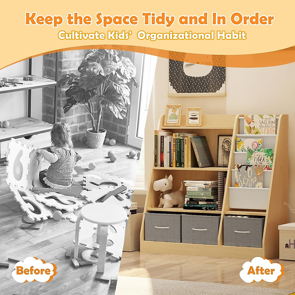 Kid Sling Bookshelf with 3 Storage Bin Drawers Baby Nursery Book Shelf Wood Book Display Shelf Toddler Toy Box Organizer Child Bookcase Montessori Book Rack Cabinet Boy Girl Kid Room Playroom Bedroom