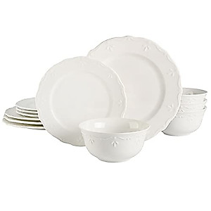 Gibson Home Round Embossed Dinnerware Set, Service for 4 (12pcs), White