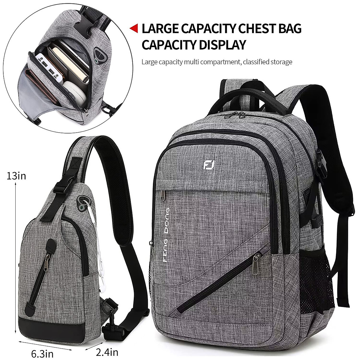 FENGDONG Large Laptop Backpack 17.3 inch Waterproof Travel College Backpack Bookbag,Crossbody Sling Bags for Men & Women Business Backpack Dark Gray