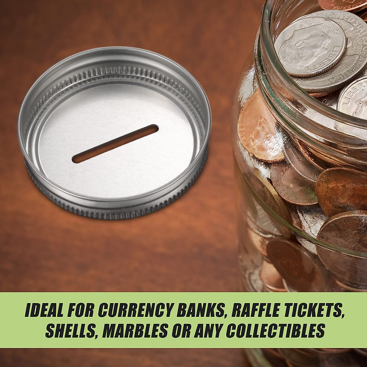 Stainless Steel Coin Slot Bank Lid Compatible with Mason Jars Canning Jars Money Saving Jars Metal Coin Slot Lid for Regular Mouth Ball, Canning Jars, 70 mm (6 Pieces)