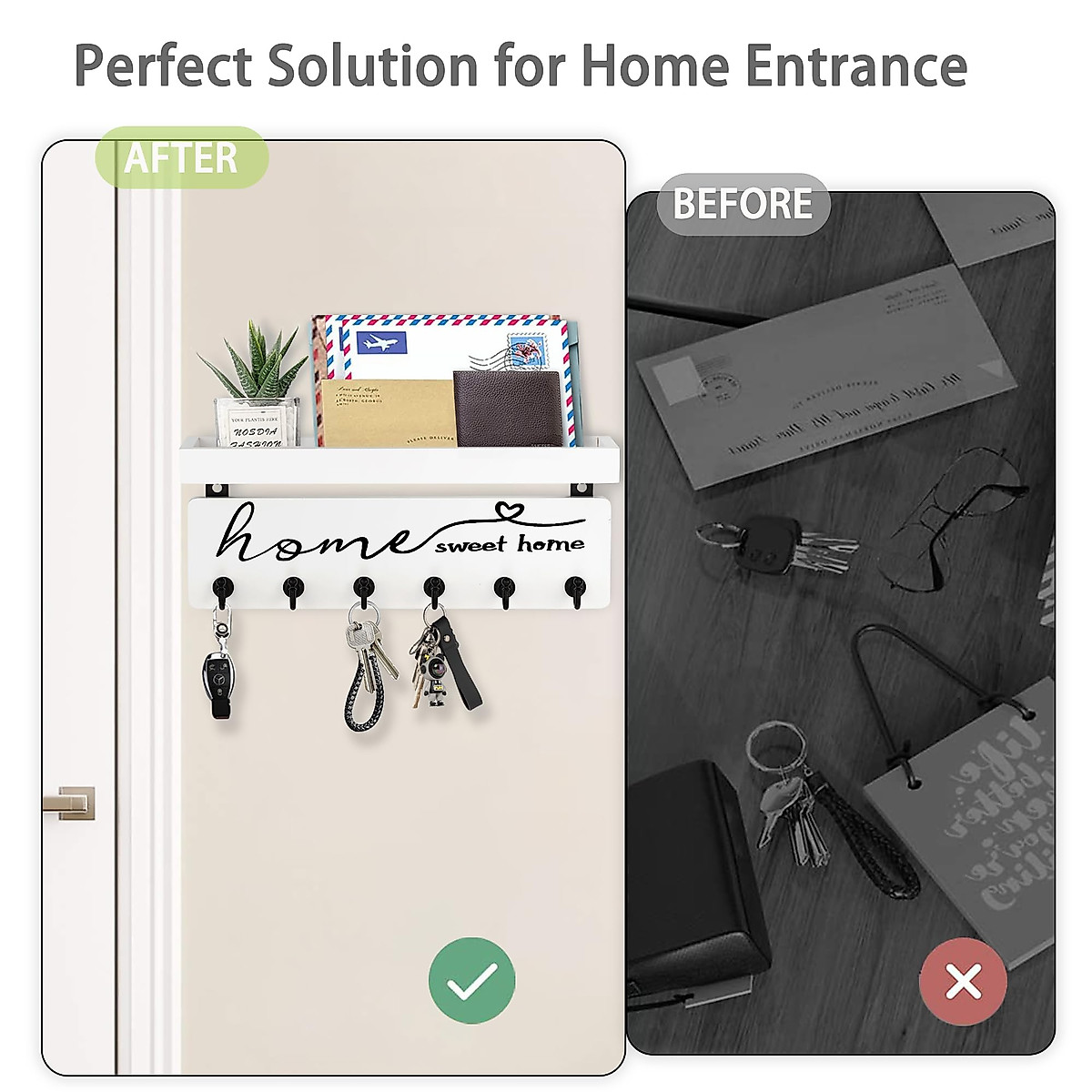 Ikviier Key Holder for Wall Decorative Made of Pine, Key Rack for Wall with Shelf, Key Hook for Wall with 6 Metal Hooks, Farmhouse Mail and Key Holder for Wall (C-White 02)