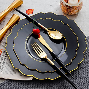 supernal 60pcs Black Plastic Plates,Black and Gold Plates Baroque,Gold Plates Plastic,Include 30 Plastic Dinner Plates,30 Appetizer Plates,Suit For Party, Birthday, Wedding, Easter and Monther's Day