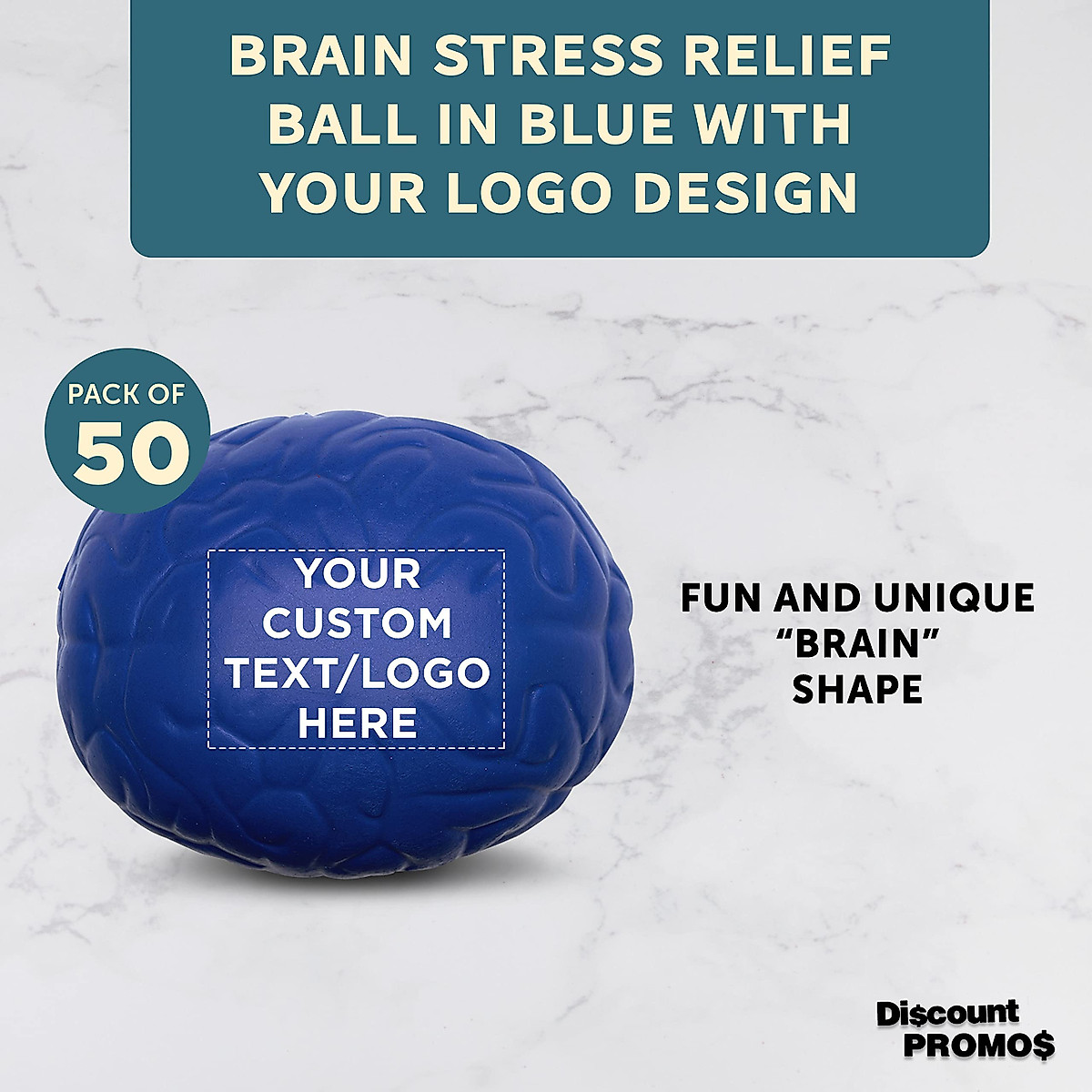 Custom Brain Squeeze Balls Set of 50, Personalized Bulk Pack - Stress Relief, Perfect for Your Desk, Office or Home - Blue