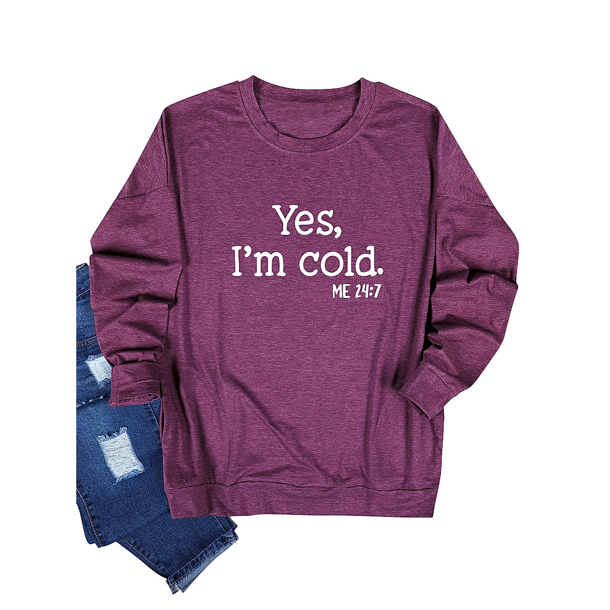 Women's Pockets Sweatshirt Yes I'M Cold Letter Print Sweatshirt Long Sleeves Lightweight Round Neck Tee Tops