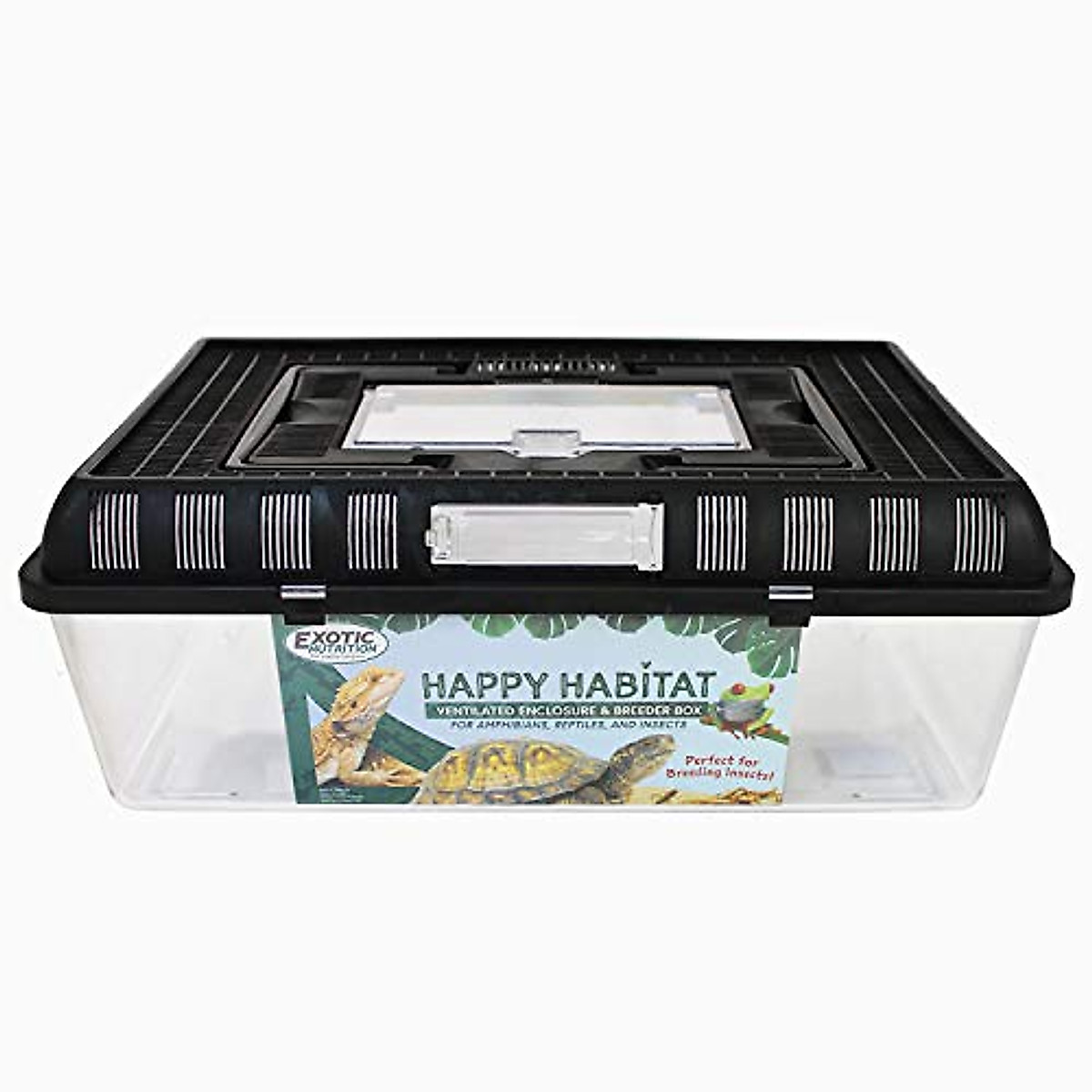 Exotic Nutrition Happy Habitat (Large) - Ventilated Enclosure & Breeder Box - for Live Feeder Insects, Reptiles, Amphibians & Other Small Pets - Durable Plastic Portable Terrarium