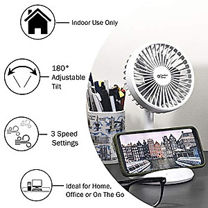 Comfort Zone CZPF401WT 4” Rechargeable Fan with Wireless Charger - USB Chargeable Lithium Battery, Adjustable Tilt - Powerful & Portable, Cooling & Charging, White