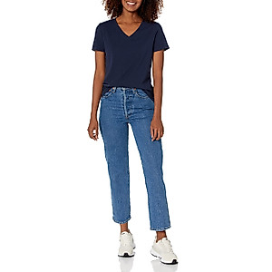 Amazon Essentials Women's Classic-Fit Short-Sleeve V-Neck T-Shirt, Pack of 2, Dark Green/Navy, Large