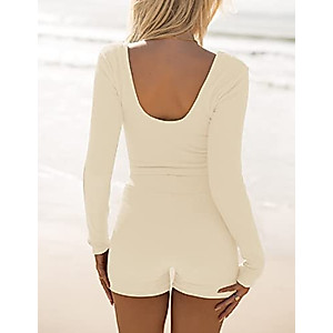 ZESICA Women's Casual 2 Piece Lounge Set Long Sleeve Ribbed Knit Top and High Waist Shorts Workout Set Active Wear Outfits,Beige,Medium