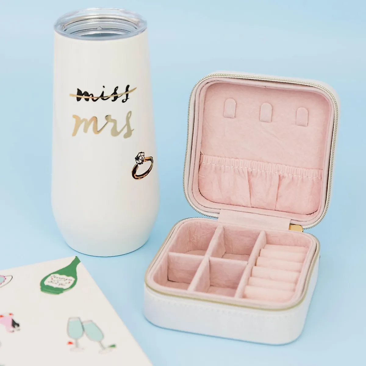 kate spade new york Bridal Acrylic Tumbler with Straw Bundle with Small Travel Jewelry Case Organizer (Miss to Mrs)