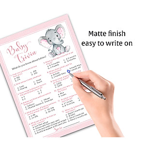 PINK ELEPHANT Baby Shower Game — BABY TRIVIA Baby Shower Games — Pack of 25 — Fun Baby Facts Games, GIRL Baby Shower Games, Pink Cute Polka Dot Baby Elephant Baby Shower Games Activity, SKU G500-TRV