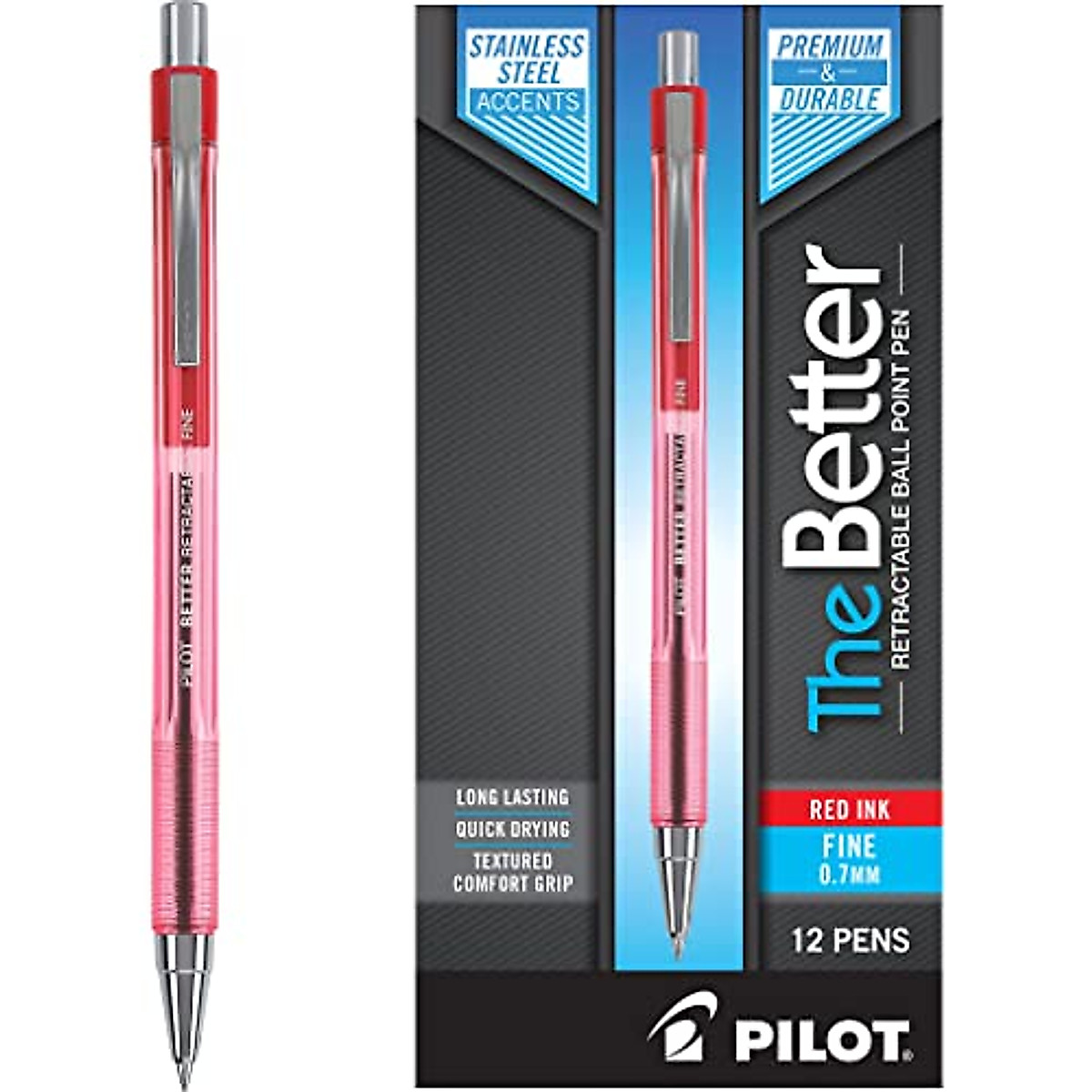 PILOT The Better Ball Point Pen Refillable & Retractable Ballpoint Pens, Fine Point, Red Ink, 12-Pack (30002)