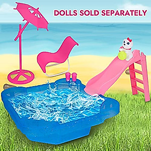 Deluxe Doll Pool Play Set, Doll Glam Pool with Slide&Dolls Accessories&Beach Umbrella&Chair, Suitable for Dolls Up to 12 Inch, Kids Gifts for 3 to 7 Year Olds Girls, Bath Toys for Toddlers