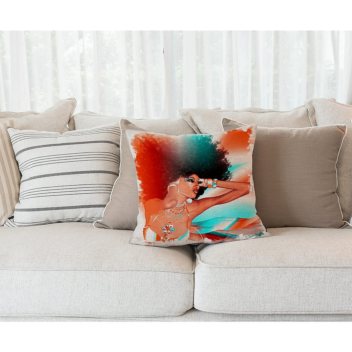 Sexy African American Woman Decorative Throw Pillow Cover Fashion Black Girls Lady Chic Afrocentric Cotton Linen Pillow Case Square Cushion Covers for Couch Sofa 18 x 18 Inch