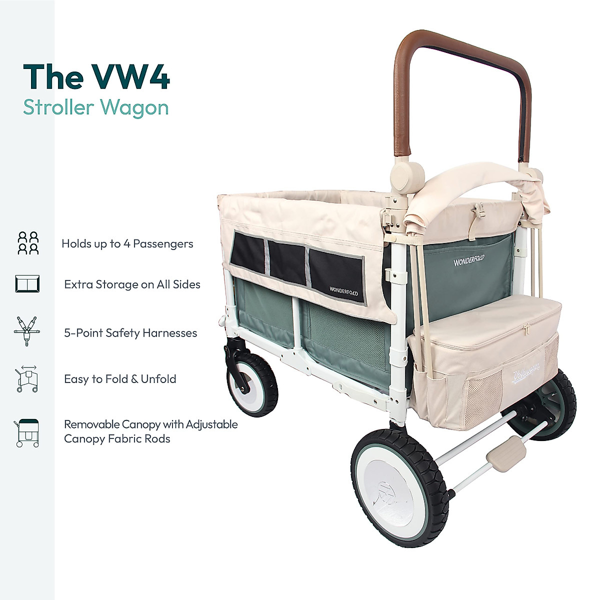 WONDERFOLD Volkswagen Stroller Wagon (4 Seater) - Collapsible Wagon Stroller with VW Bumper, Functioning Headlights, and All-Terrain XL Wheels