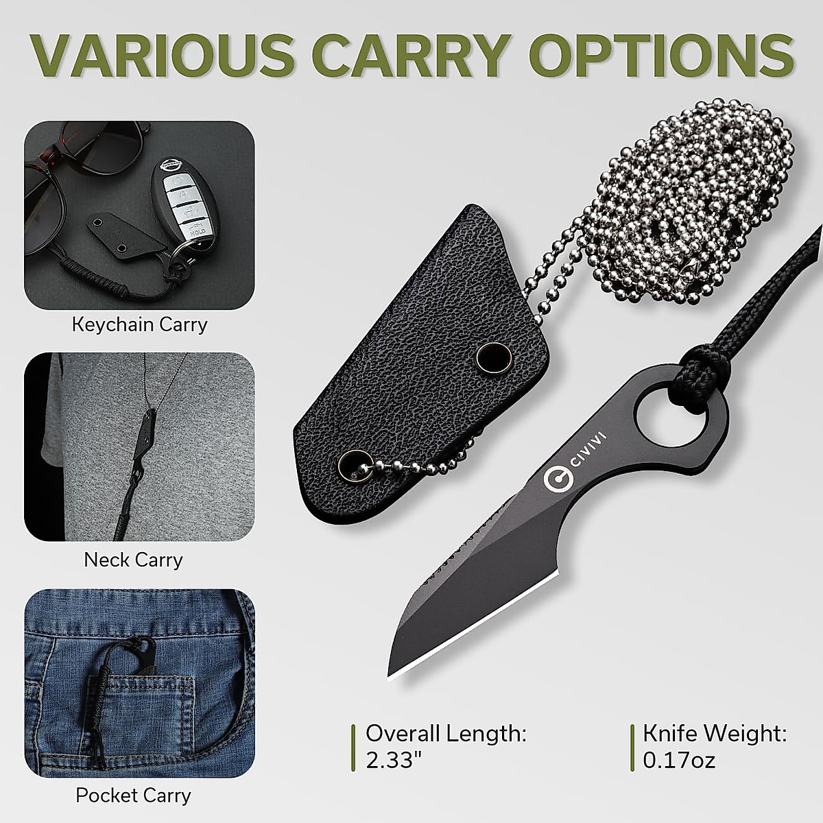 CIVIVI Gramis Mini Fixed Blade Neck Knife for EDC, Swedish 14C28N Steel, With Kydex Sheath with Chain and Lanyard C23004-1