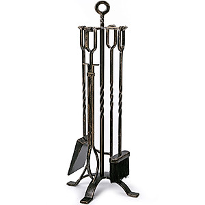 AMAGABELI GARDEN & HOME 5 Pieces Fireplace Tools Sets Wrought Iron Fireplace Set Antique Brass Copper with Poker Tongs Broom Shovel Stand Indoor Fire Place Kit Wood Stove Hearth Accessories Gold