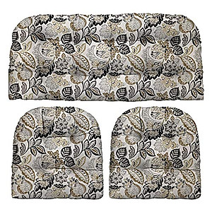 RSH Décor Indoor Outdoor 3 Pc Tufted Wicker Cushion Set 1 Loveseat & 2 U-Shape-Choose Color & Size (Dailey Pewter Grey Black Tan Floral Scroll, LS 41"x19" US 19"x19")