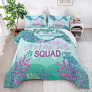 KTAbedding Mermaid Tail Comforter Sets Twin size Bedding Sets for Girls Teens Kids Teal,Easy Care,Cozy Lightweight,1 Comforter&2 Pillowcases Bed-in-a-Bag 3 pieces