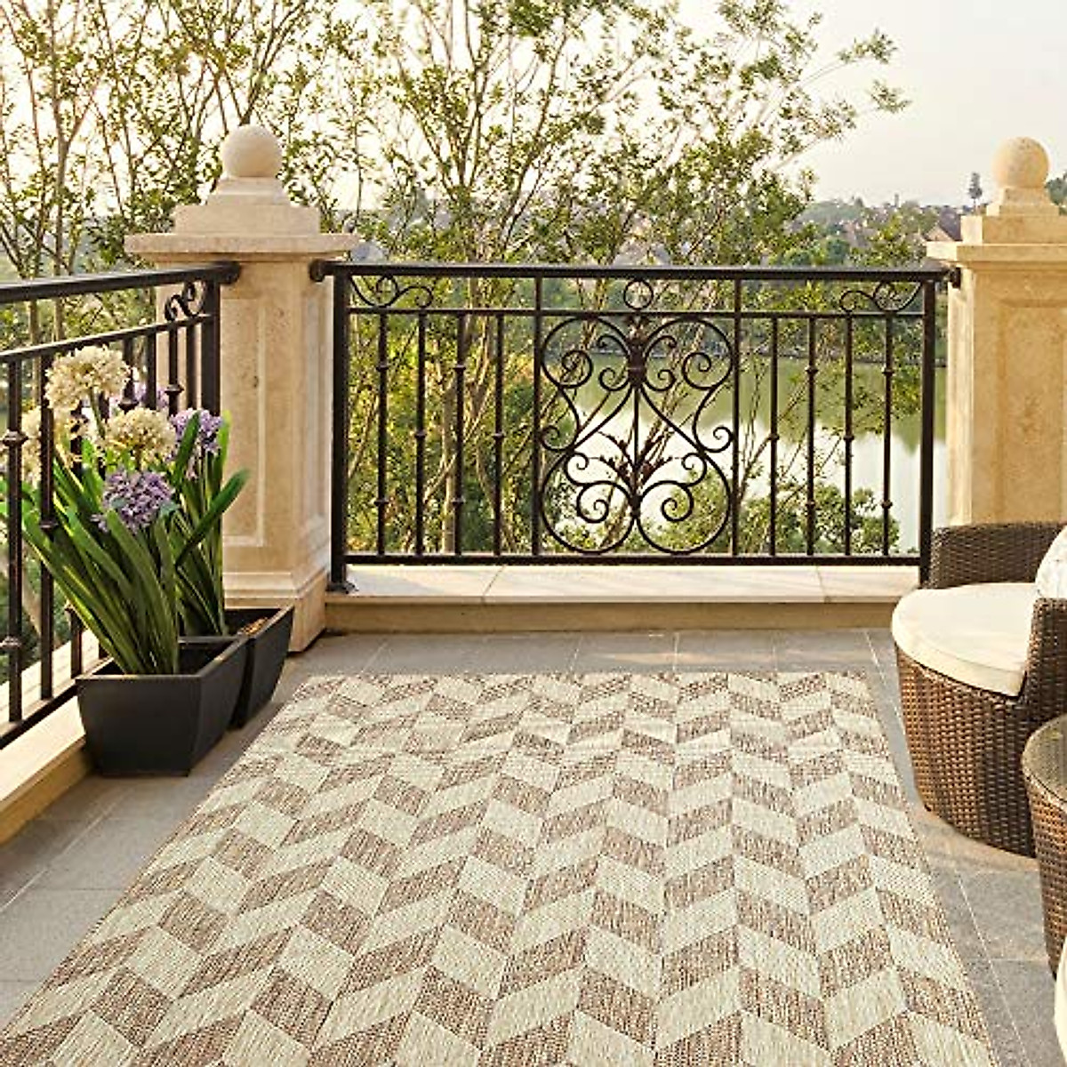 PRIYATE Chevron Outdoor/Indoor Area Rug 8' x 10' – Moroccan Inspired Ourika Geometrical Collection - Easy Clean, Pet Friendly, High Traffic Carpet - Patio, Deck, Pool Side, Living & Dining Room