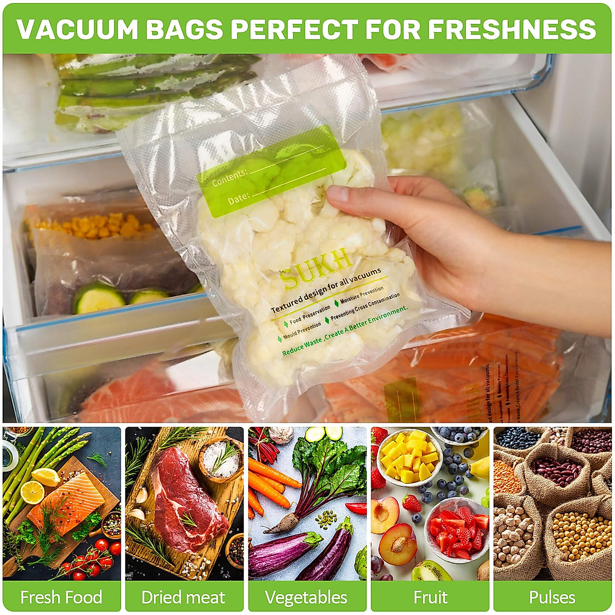 Sukh 50PCS Food Vacuum Bags - Vacuum Seal Bags for Food,Food Sealer Bags,Sealer Bags,Food Saver Vacuum Bags,Food Saver Bag,BPA Free Precut Bags for Vac Storage, Meal Prep and Sous Vide 6.7x9.84 inch