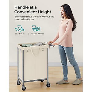 SONGMICS Laundry Basket with Wheels, 2-Section Rolling Laundry Hamper, 37 Gallons (140L), Removable Liner, Steel Frame with Handle, Blanket Storage, 27.2 x 15.4 x 31.9 Inches, Cream White URLS004W01