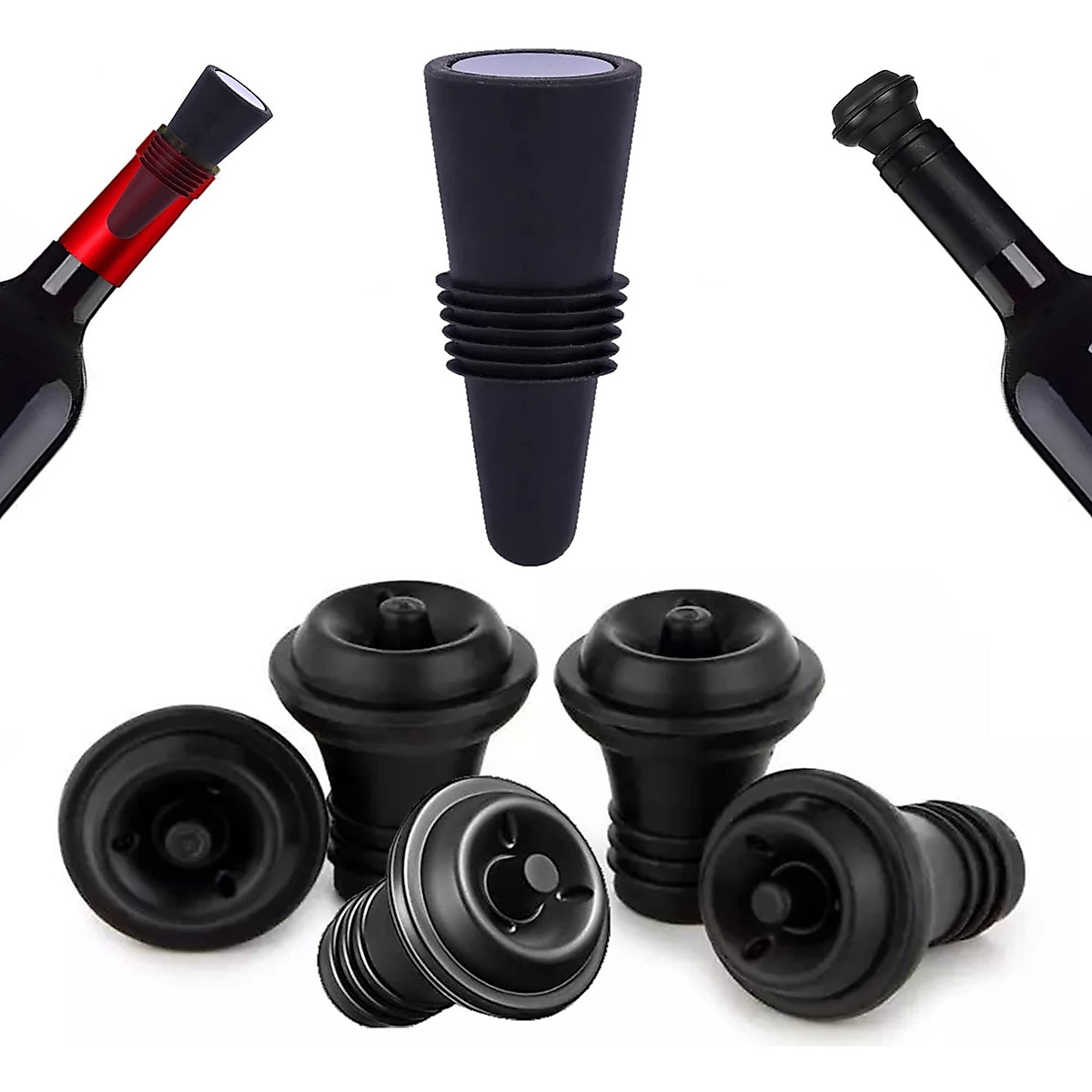 Wine Stoppers For Wine Bottles – 5 Vacuum Wine Corks for Wine Bottles and 1 Rubber Wine Sealer for Wine Bottles Best Wine Bottle Corks - in Gift Box
