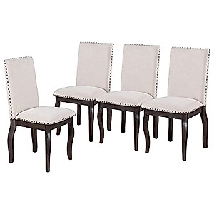 OYN 5-Piece Kitchen Room Furniture, Wooden Farmhouse Round Dining Table Sets with 4 Nailhead Decor Upholstered Chairs and Extendable Tabletop for 4 Persons Family Meal, Espresso