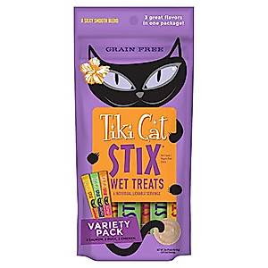 Tiki Cat Stix Wet Mousse Treats, Single Serve Indulgent Lickable Treat or Dry Food Topper, Variety Pack with Salmon, Chicken, and Tuna, 3 oz. Pouch (Pack of 12)