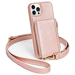 ZVE for iPhone 14 Pro Max Wallet Case Crossbody, Card Holder Zipper Phone Case for Women, Purse Cover with RFID Blocking Wrist Strap for iPhone 14 Pro Max, 6.7 inch, 2022- Rose Gold