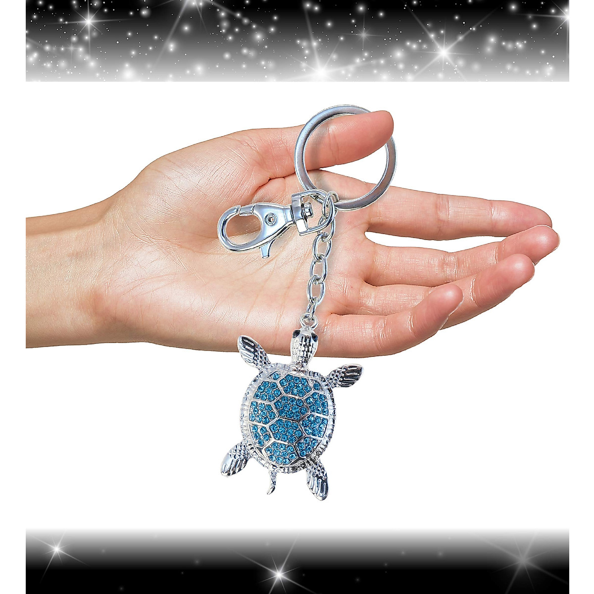 Aqua79 Blue Sea Turtle Keychain - Silver 3D Sparkling Charm Rhinestones Fashionable Stylish Metal Alloy Durable Key Ring Bling Crystal Jewelry Accessory with Clasp