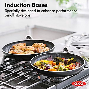 OXO Agility Series 9.5" and 11” Frying Pan Skillet Set, Ceramic Nonstick Cookware PFAS-Free Induction Suitable Quick Even Heating, Stainless Steel Handle, Chip-Free Rims Dishwasher and Oven Safe Black