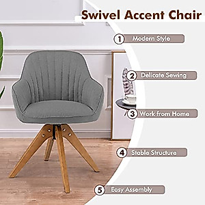 Giantex Desk Chair No Wheels, Super Easy to Install, Mid Century Computer Desk Armchair with Linen Fabric and Soft Sponge Filling, Swivel Accent Chair for Home Office, Grey