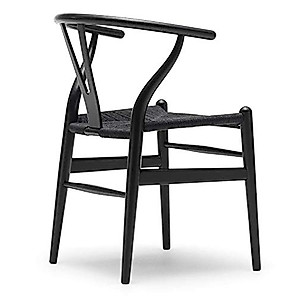 2xhome Set of 2 Wishbone Solid Wood Armchairs with Arms Open Y Back Farmhouse Dining Office Chairs with Woven Black Seat (Black)