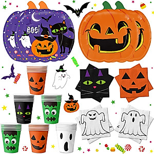 LINHAXM 120 PCS Halloween Party Supplies Halloween Pumpkin Shaped Disposable Plates Napkins Cups for Halloween Holiday Birthday Baby Shower Party Decorations