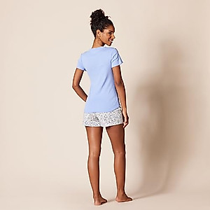Amazon Essentials Women's Poplin Short and Sleep Tee Set, Blue Floral, Large