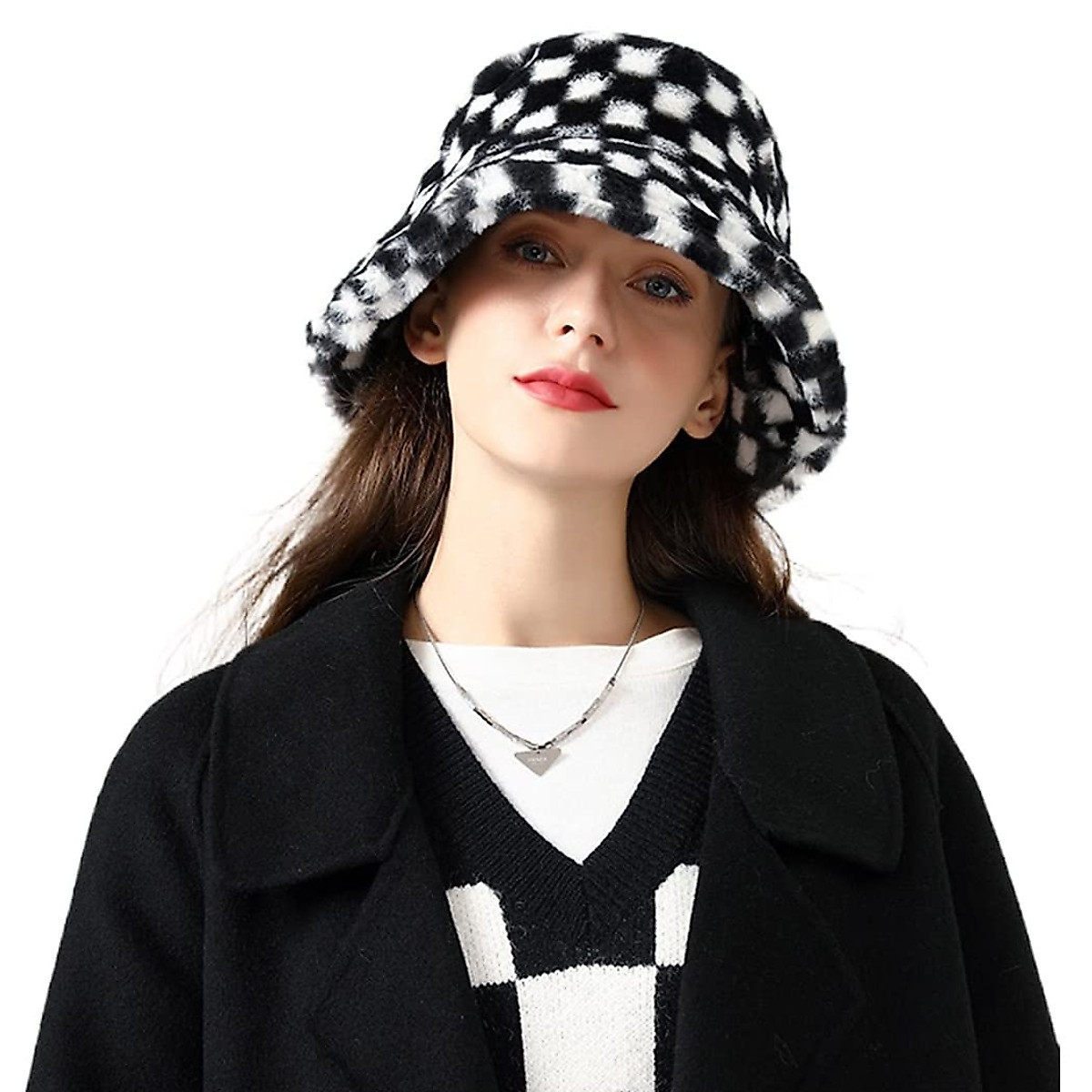 Campsis Winter Faux Bucket Hat Black Checkerboard Wool Fluffy Plush Bucket Hat Thick Fuzzy Fisherman Hat Skiing Cycling Camping Hiking for Women and Girls