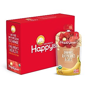 Happy Baby Organics Stage 2 Baby Food Pouches, Gluten Free, Vegan & Healthy Snack, Clearly Crafted Fruit & Veggie Puree, Apples Blueberries & Oats, 4 Ounces (Pack of 8)