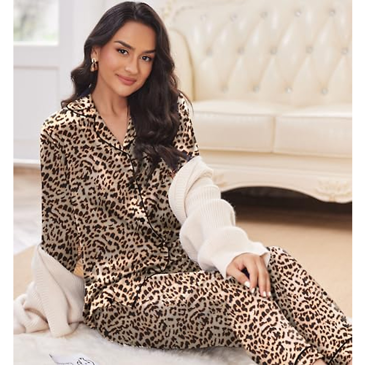 Ekouaer Silk Satin Pajamas Women's Long Sleeve Sleepwear Soft Button Down Pj Set 2 Piece Loungewear Brown Leopard,XL