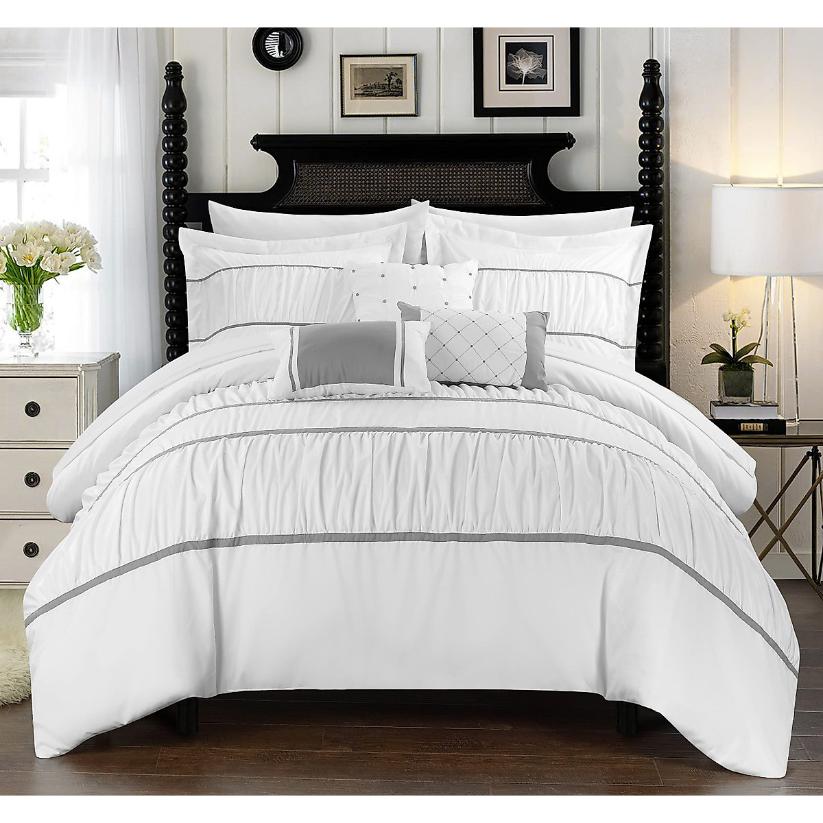 Chic Home Cheryl 10 Piece Comforter Complete Bag Pleated Ruched Ruffled Bedding with Sheet Set and Decorative Pillows Shams Included, Queen, White
