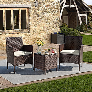 Greesum 3 Pieces Patio Dining PE Rattan Wicker Chair Furniture Set with Cushion and Glass Coffee Table for Outdoor Garden Backyard Poolside, Brown and Beige