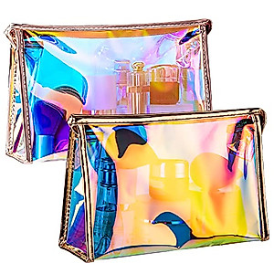 WestonBasics Holographic Iridescent Makeup Pouch | Portable Waterproof Cosmetic Bag Set for Women, Ladies & Bridesmaids | Clear Pouch for Travel, Toiletry | Large Clear Makeup Bags with Zipper