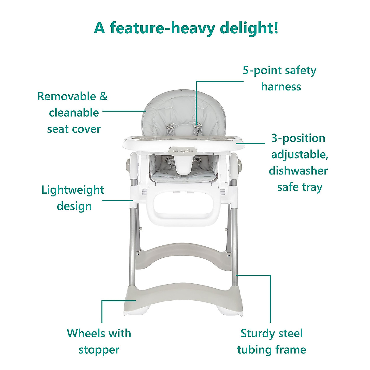 Dream On Me Solid Times High Chair for Babies and Toddlers in Grey, Multiple Recline and Height Positions, Lightweight Portable Baby High Chair, 5 point Safety Harness, Easy to Clean Surface