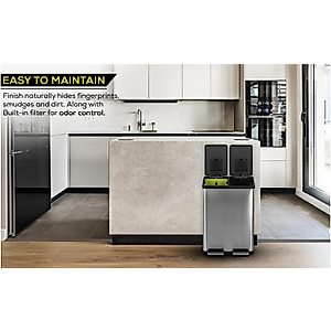 60 Liter / 16 Gallon Rectangular Hands-Free Dual Compartment Recycling Kitchen Step Trash Can with Soft-Close Lid, Brushed Stainless Steel (38L x 22L Capacity)