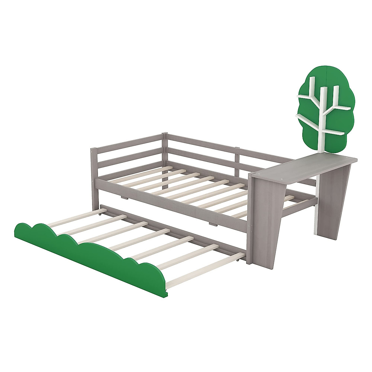 Lifeand Twin Size Wooden Daybed with Desk, Green Tree Shape Shelves and Trundle, Gray