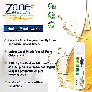 Zane Hellas MouthWash. Oral Rinse with Oregano Oil Power. Ideal for Gingivitis, Plaque, Dry Mouth, and Bad Breath. Alcohol and Fluoride Free. 100% Herbal Solution. 2 fl.oz.-60ml.
