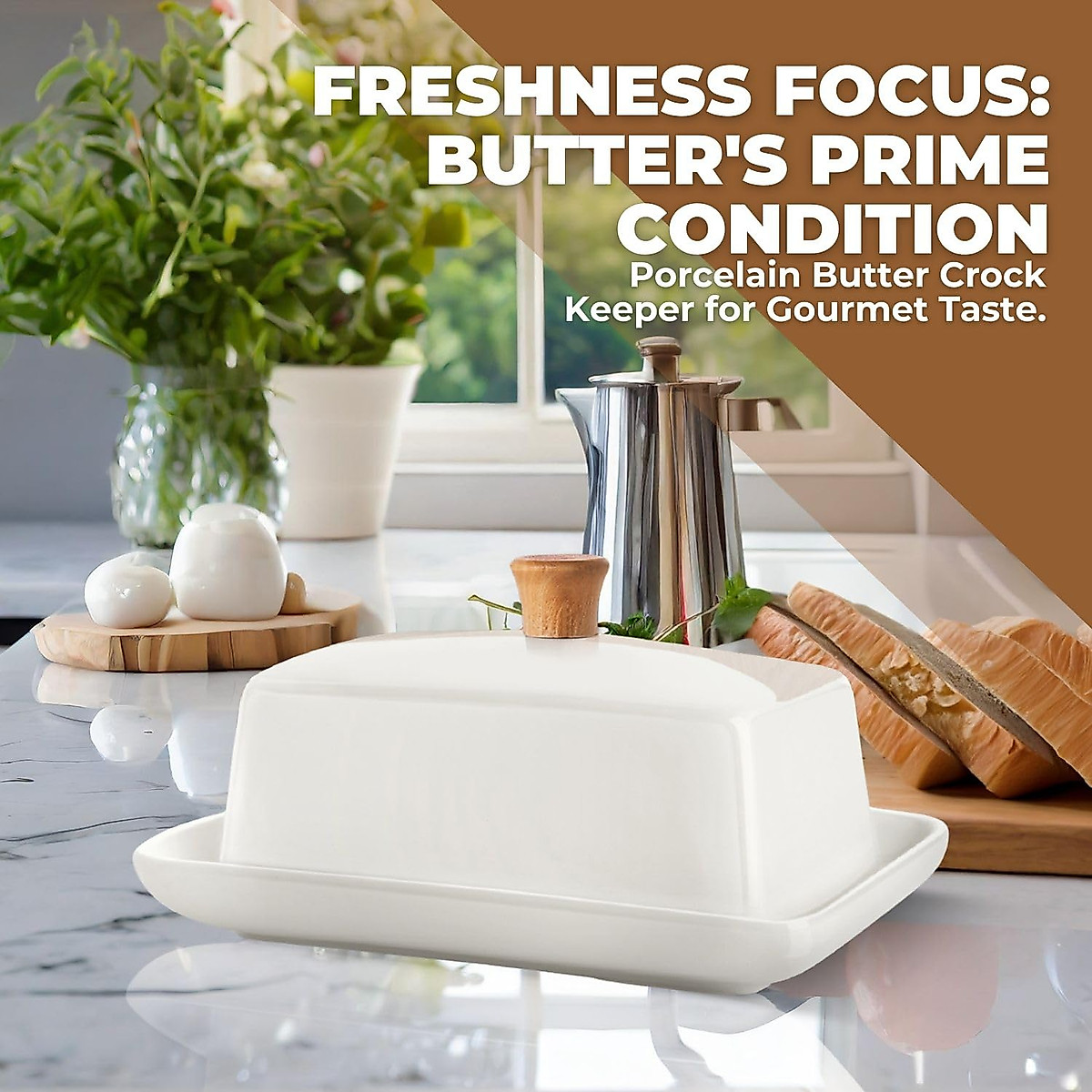 Flexzion Ceramic White European Butter Dish with Lid for Countertop (7 Inch) - Wide 2 Stick Double Butter Holder for Counter, Cream Cheese Container Storage Keeper